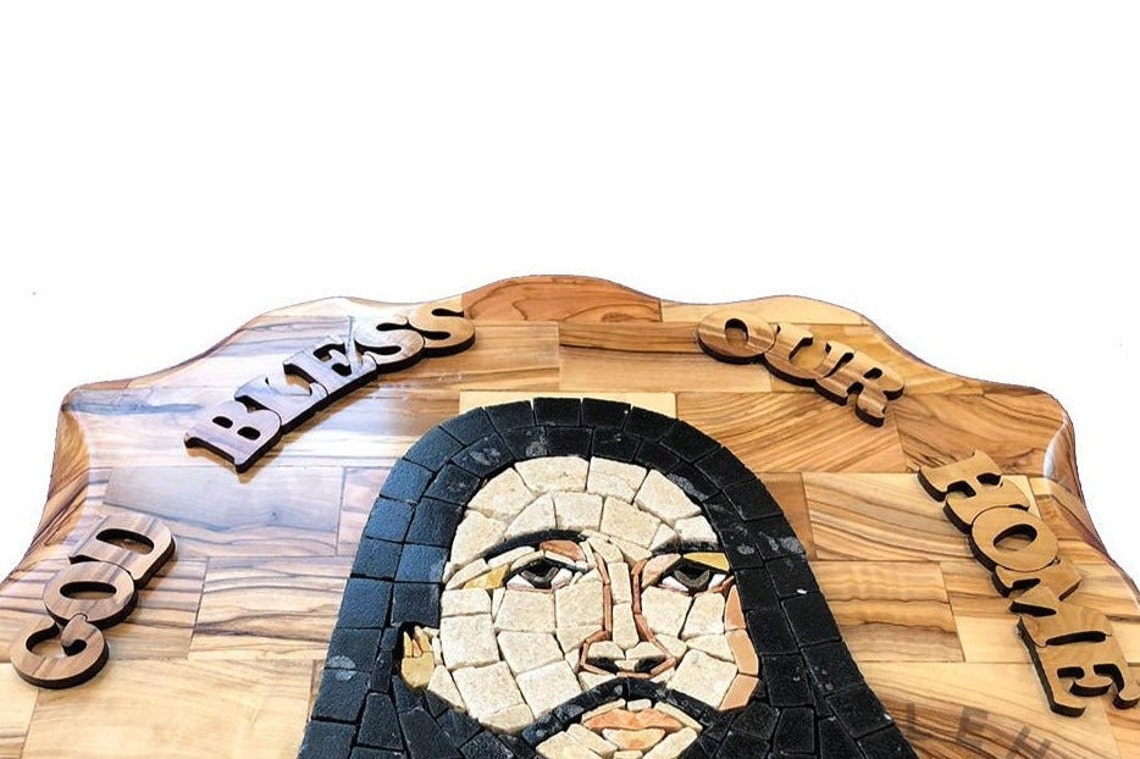 Jesus Christ Wall Plaque With god Bless Our Home, Olive Wood and Stone ...