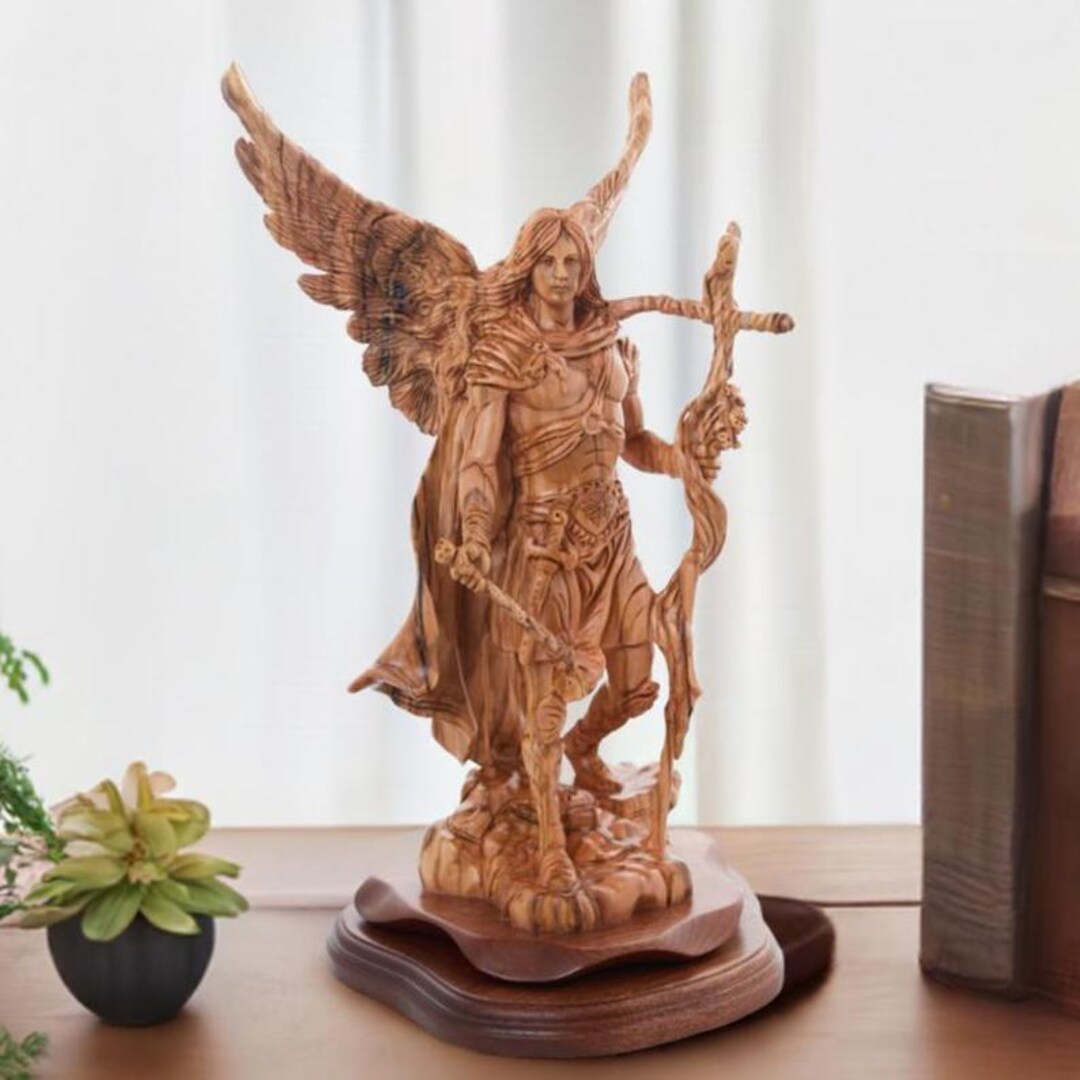 St Gabriel Angel Statue, 15" Carved Wood Sculpture, Catholic Religious ...