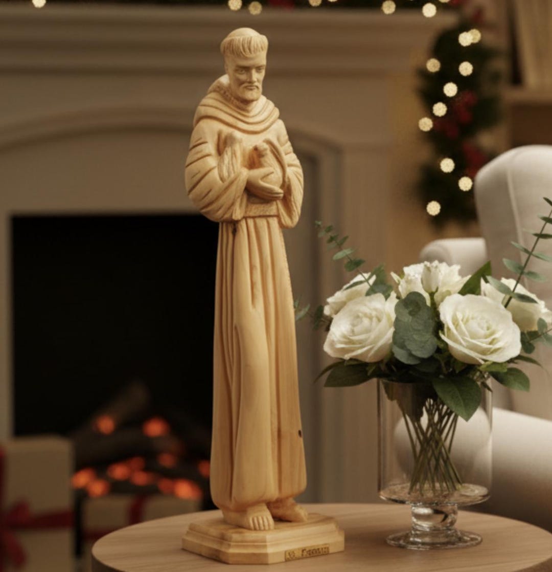 Hand Carved Olive Wood St Francis Statue, Bethlehem, 11.4",christmas ...