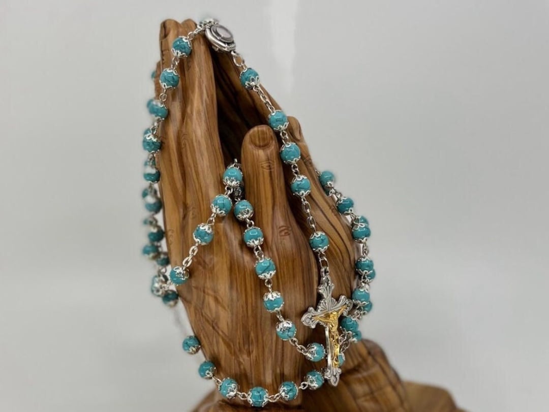 Turquoise Rosary, Blue Coral Stone Prayer Beads, Sterling Silver ...