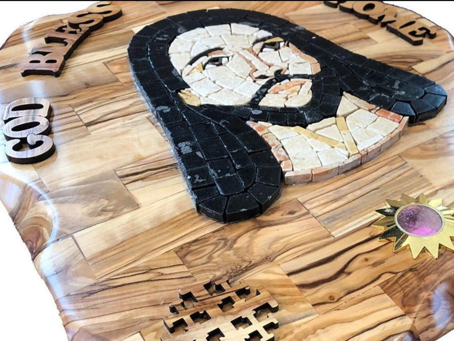 Jesus Christ Wall Plaque With god Bless Our Home, Olive Wood and Stone ...