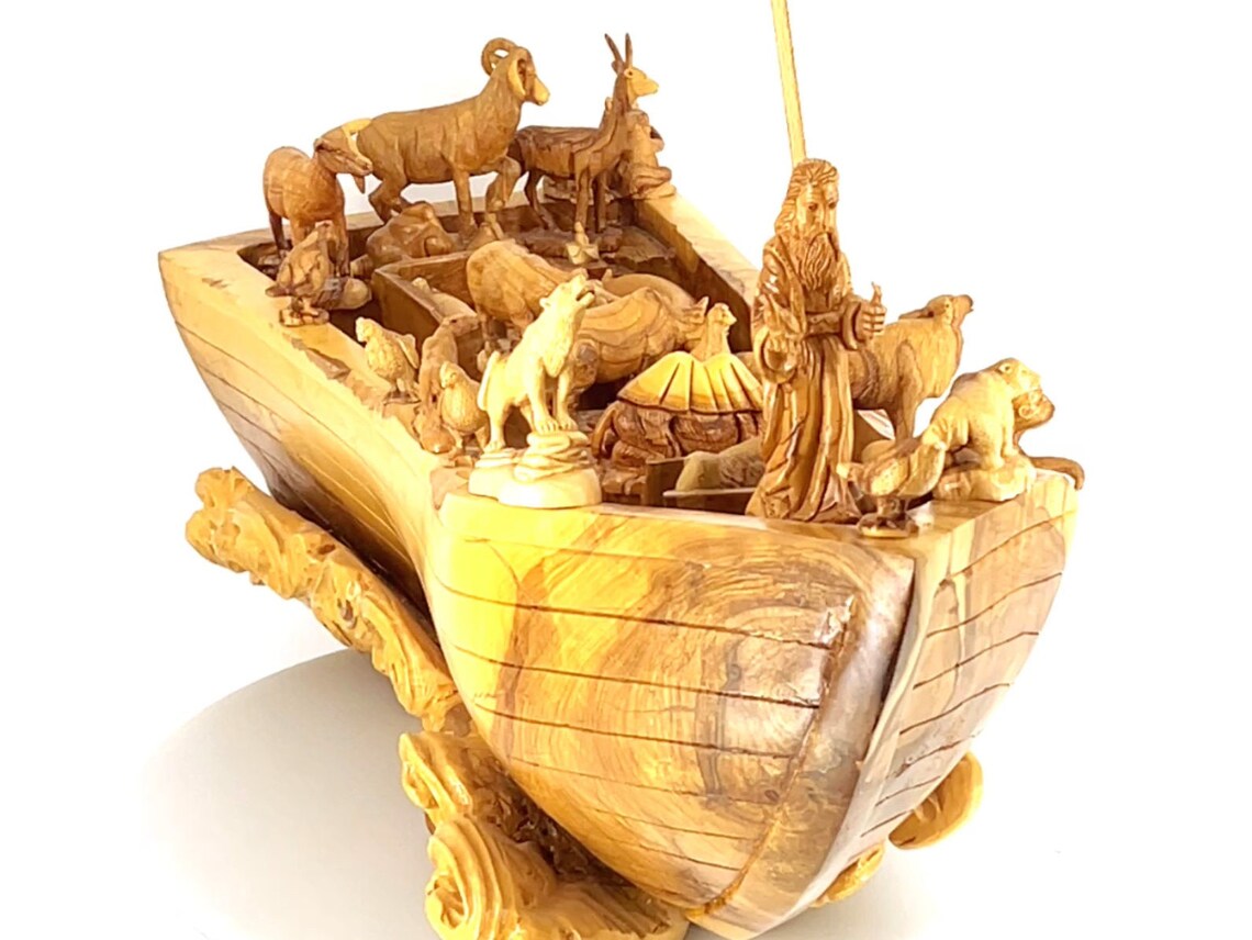 Noah's Ark, Animal Figurines on Boat, Large Wood Sculpture, Old ...