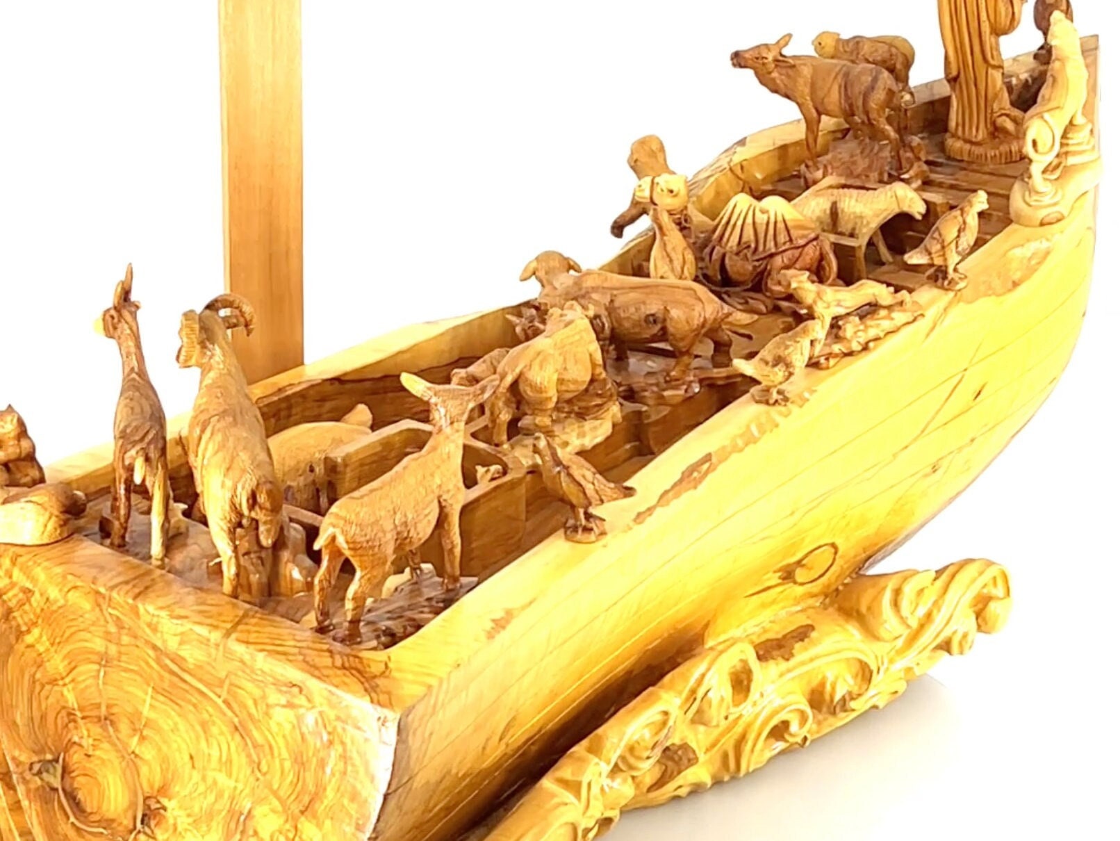 Noah's Ark, Animal Figurines on Boat, Large Wood Sculpture, Old ...
