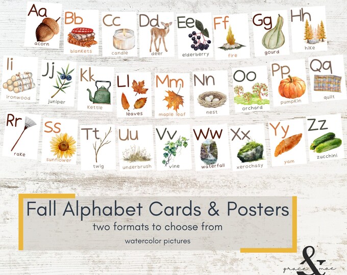 Autumn Fall ABC Alphabet Cards & Posters - Watercolor Fall Preschool ...