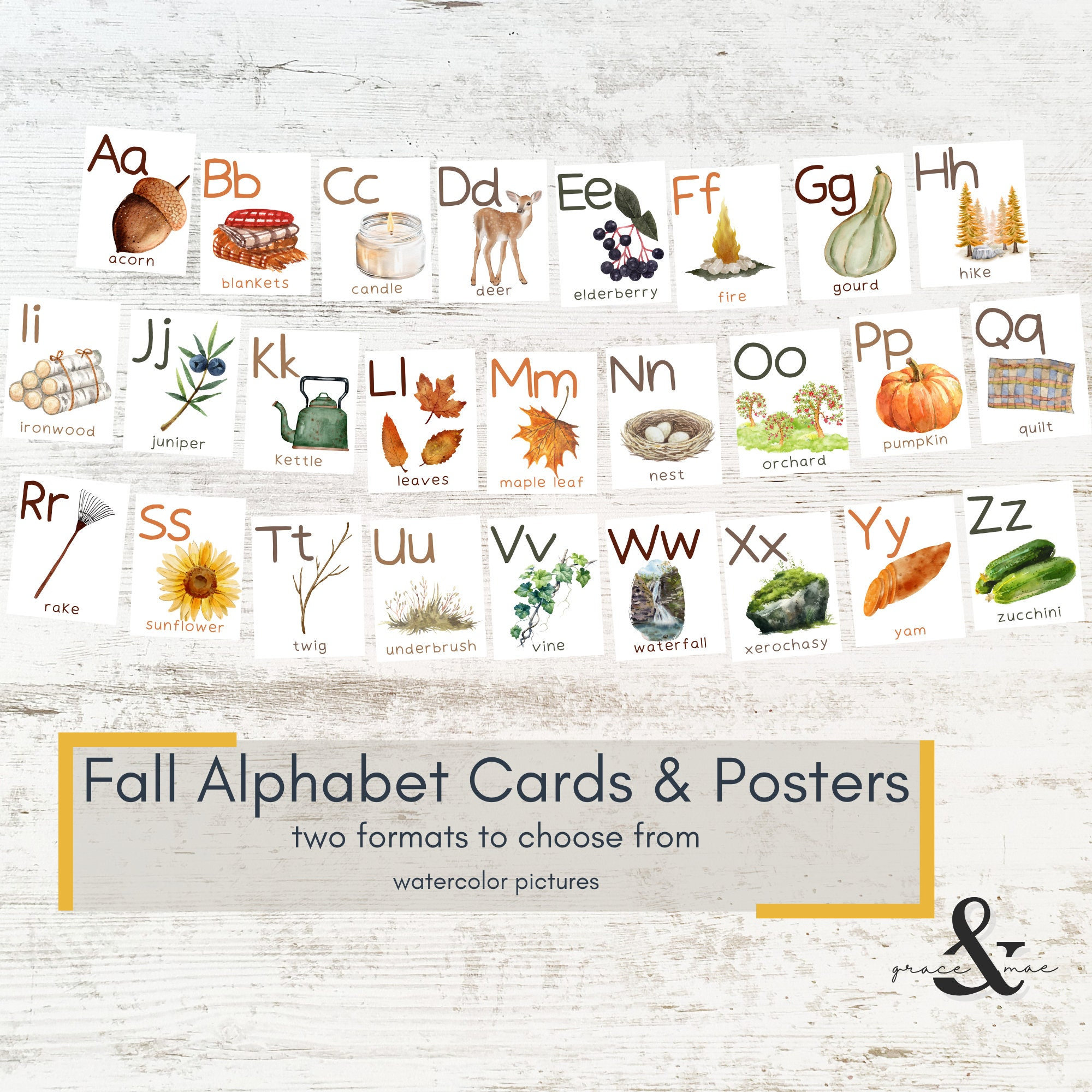 Autumn Fall ABC Alphabet Cards & Posters - Watercolor Fall Preschool ...