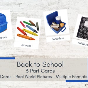 Back to School 3 Part Cards - Real World Pictures - Montessori Cards ...