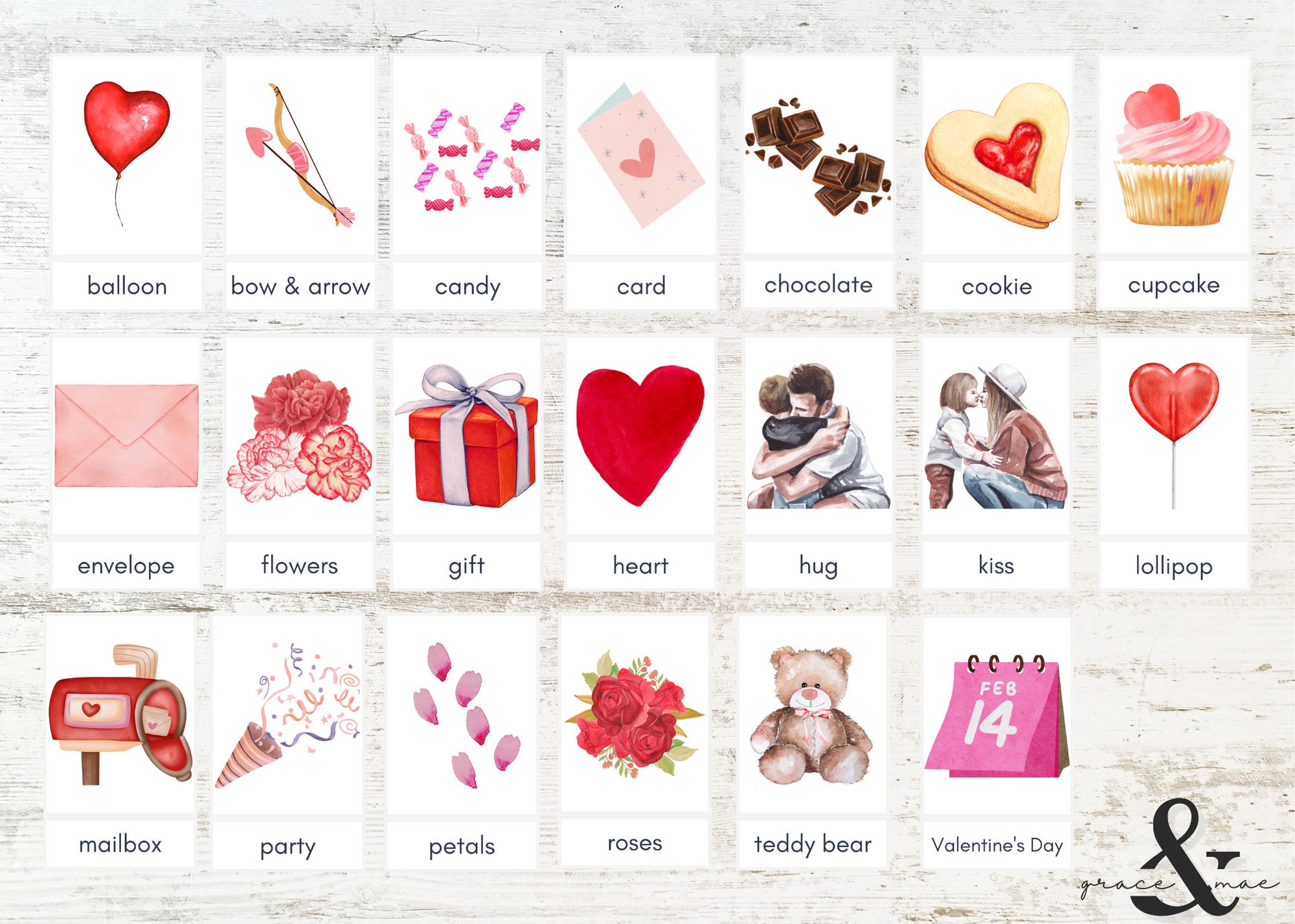 Valentine's Day 3 Part Cards - Watercolor Pictures - Montessori Cards ...