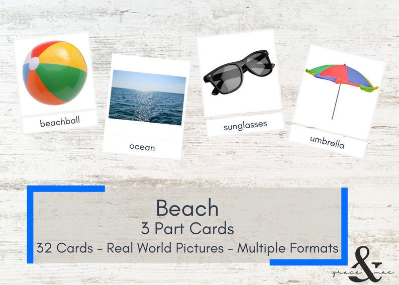 Beach Trip 3 Part Cards - Real World Pictures - Montessori Cards ...