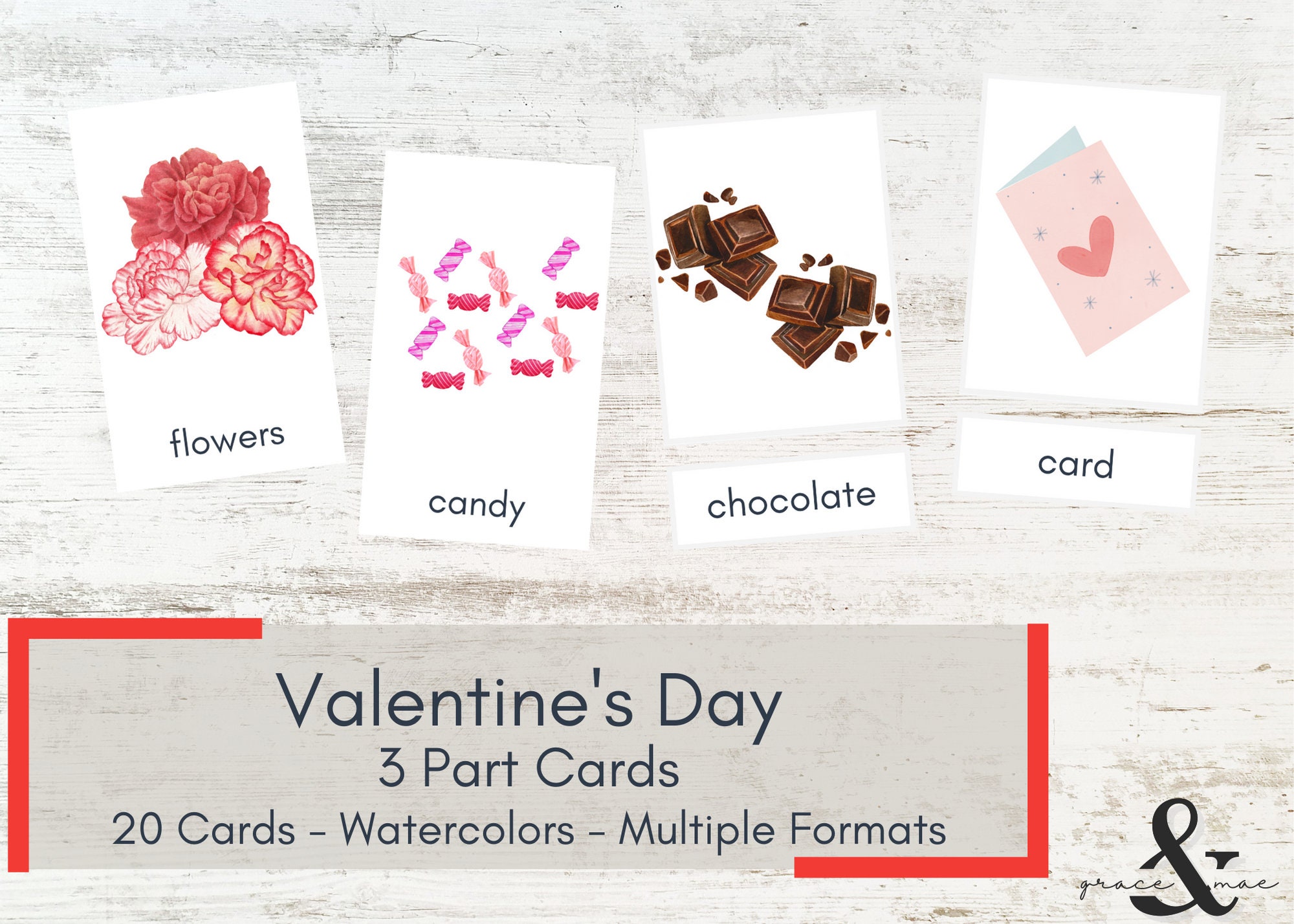 Valentine's Day 3 Part Cards - Watercolor Pictures - Montessori Cards ...