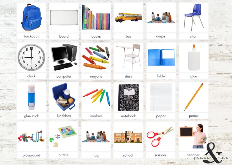 Back to School 3 Part Cards - Real World Pictures - Montessori Cards ...