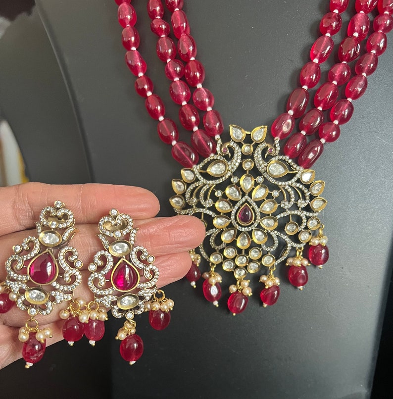 Victorian Finish Peacock Pendant Haram With Maroon Colored Glass ...
