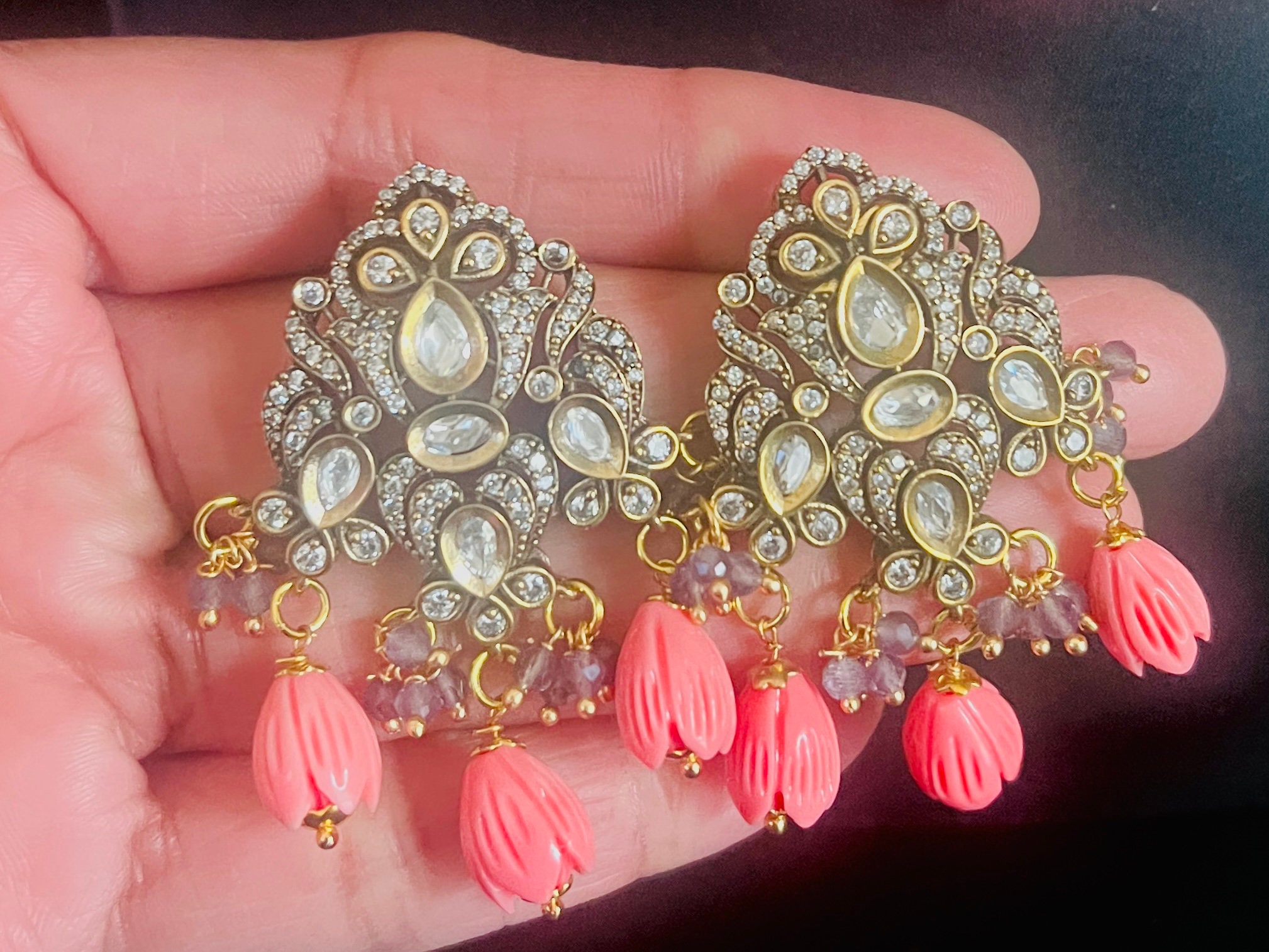 Mossanite Studded Taiwan Tulip Beads Midlength Set With 5 Faced ...