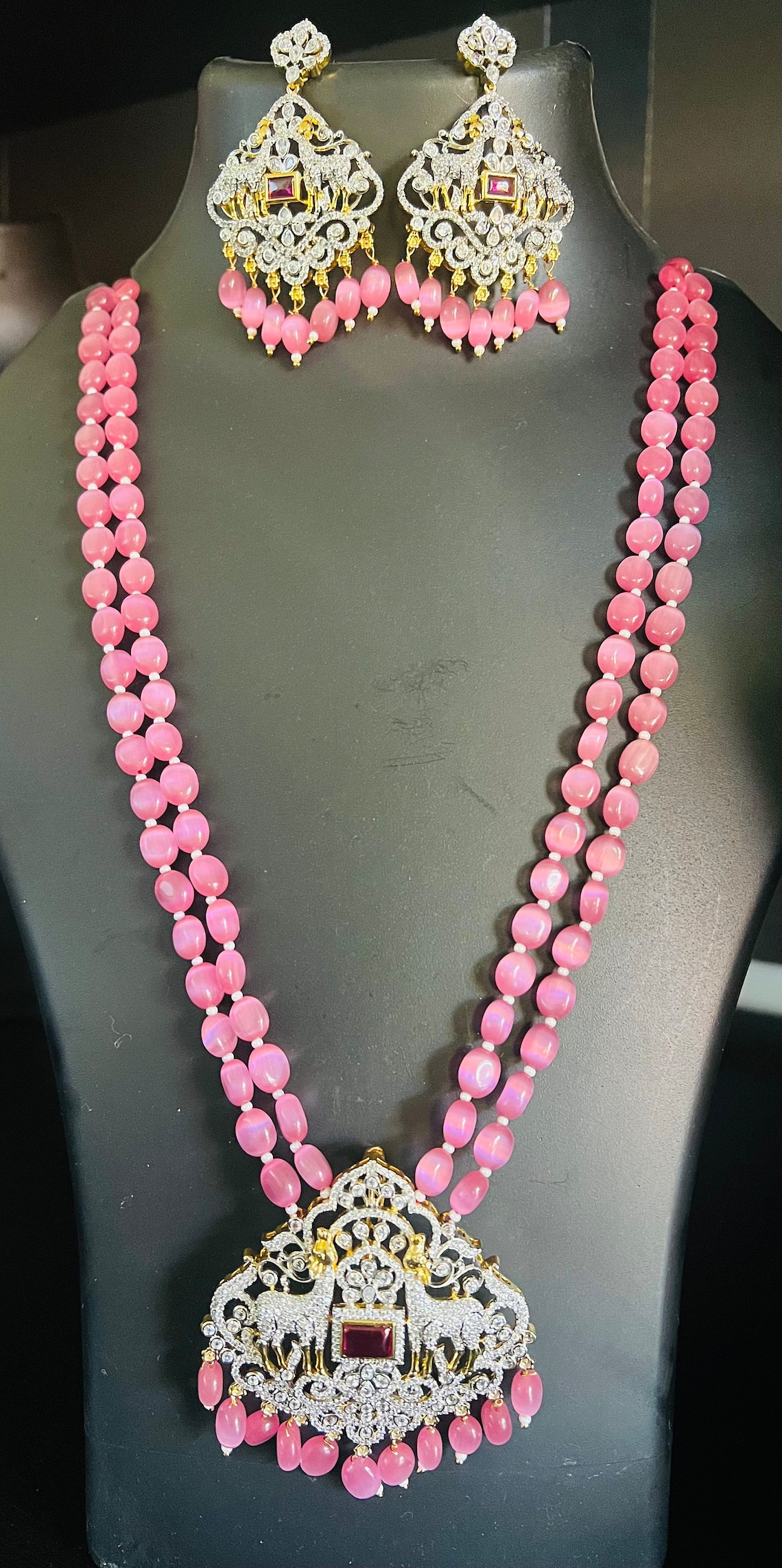 Semi Precious Monalisa Beads Mala Set With Diamond Finish Pendant - Etsy