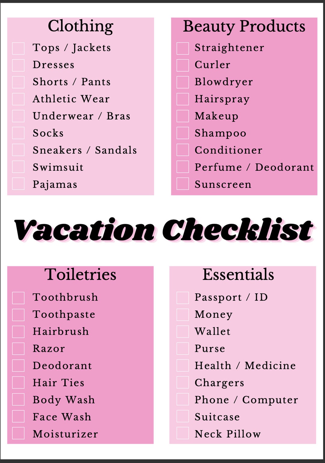 Vacation Packing Checklist | Vacation | Trip | Trip Checklist | Packing ...