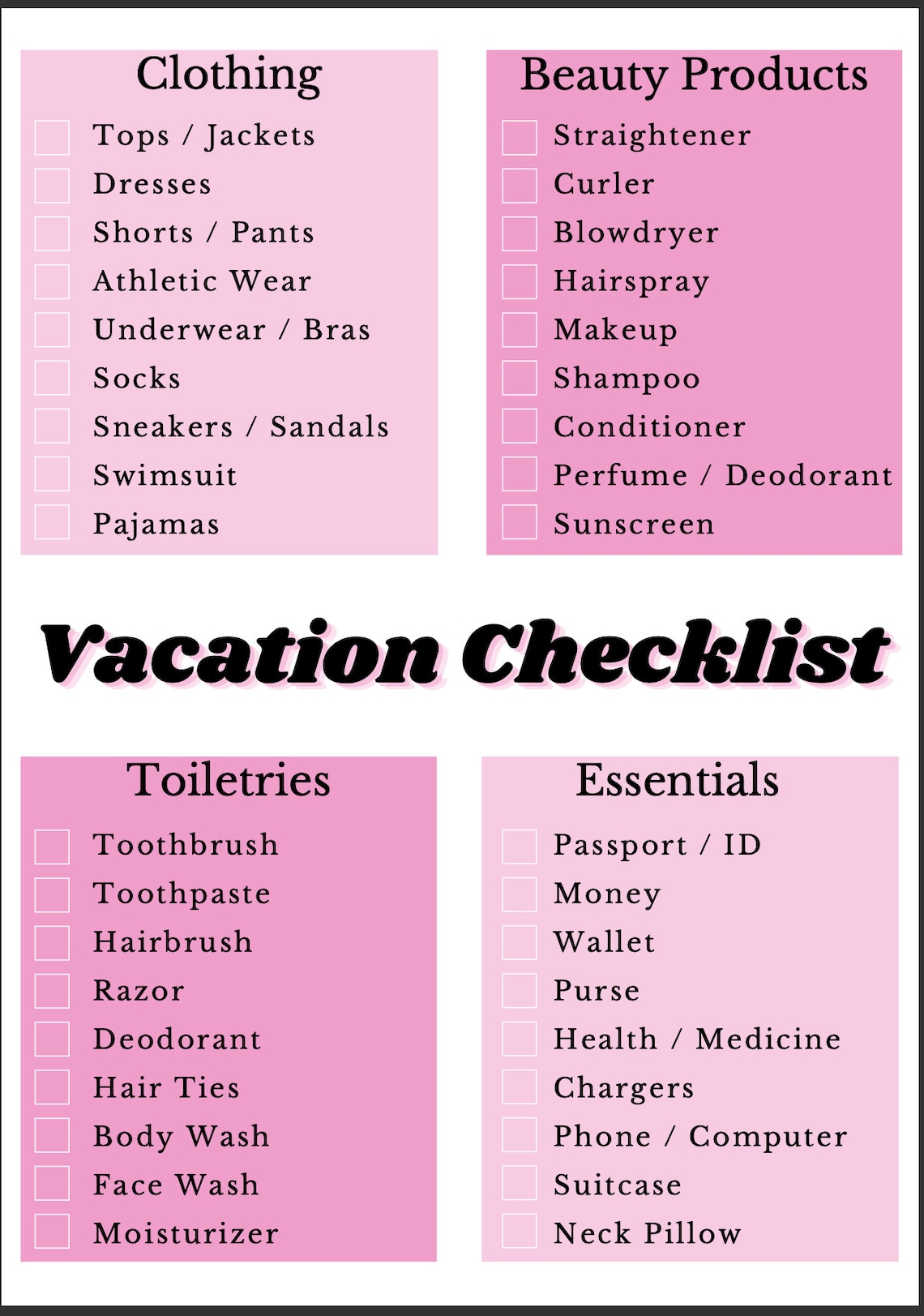 Vacation Packing Checklist | Vacation | Trip | Trip Checklist | Packing ...
