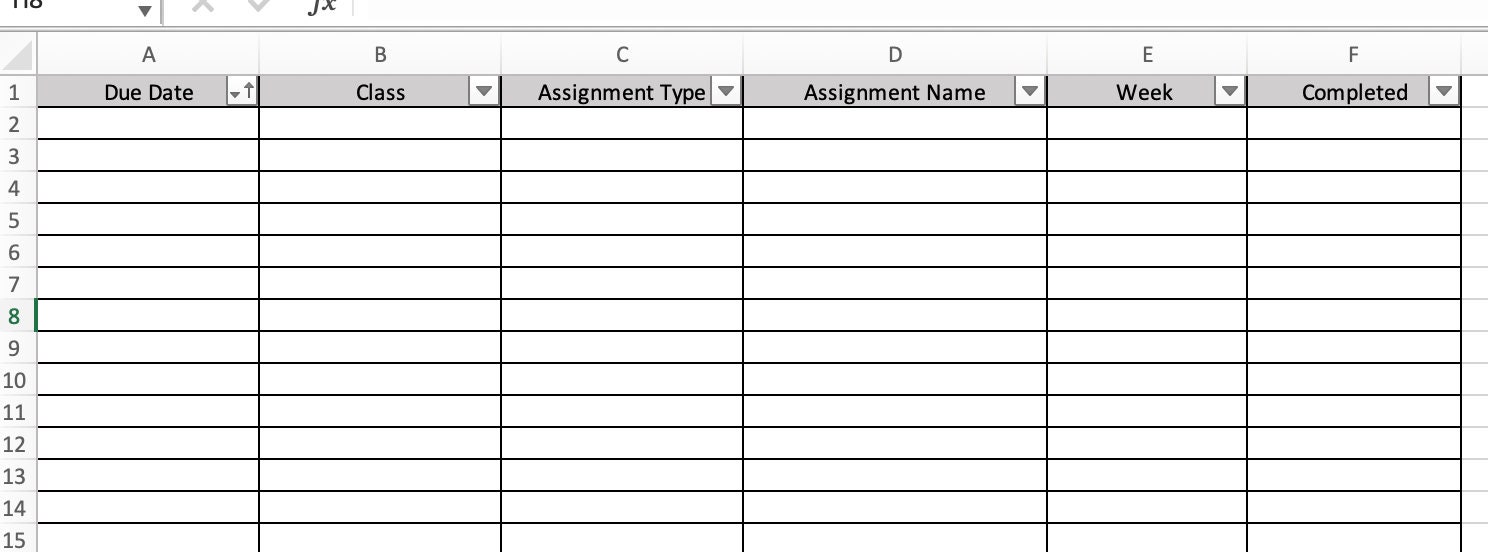 College Assignment Tracker Spreadsheet Homework Tracker Spreadsheets ...
