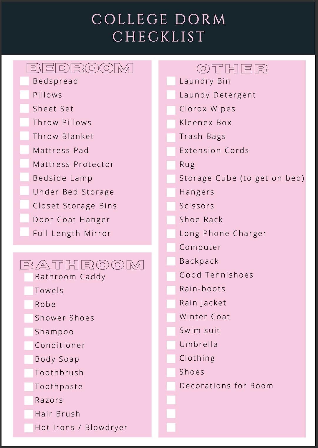 College Dorm Check List | First Year | College | Freshman | University ...