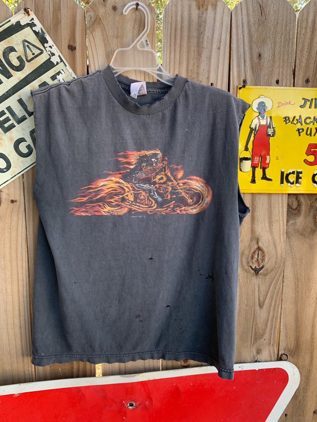 Vintage Y2k Ghost Rider in Flames Distressed Tank Top Size M Biker Tee ...