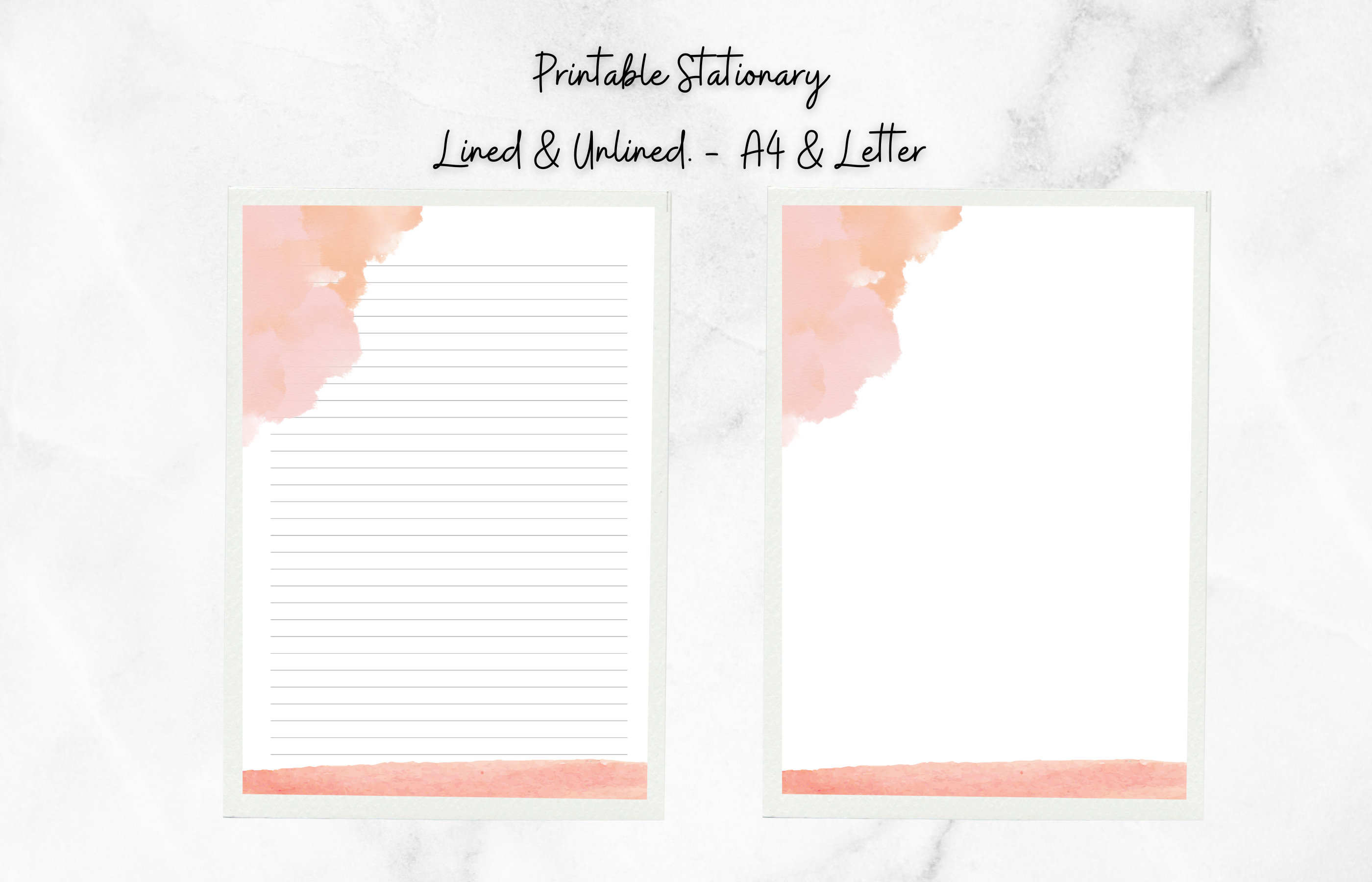 Printable Letter Paper, Line Sheet, Watercolour Peach Pink Printable ...