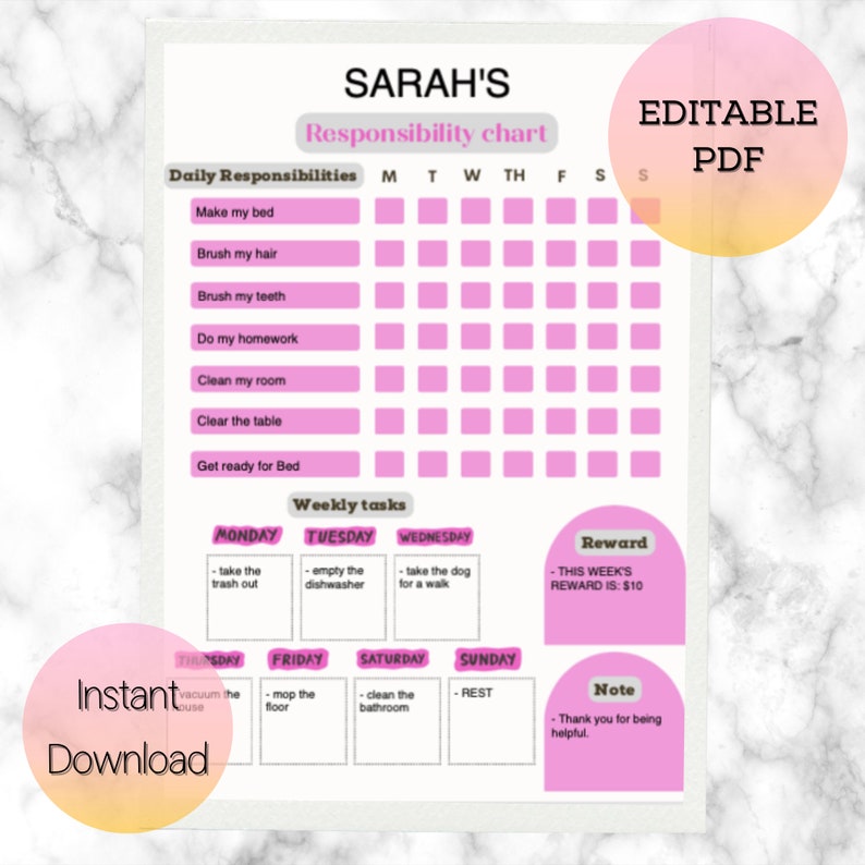 6 COLORS Responsibility Chore Chart for Kids Fully Editable Daily ...