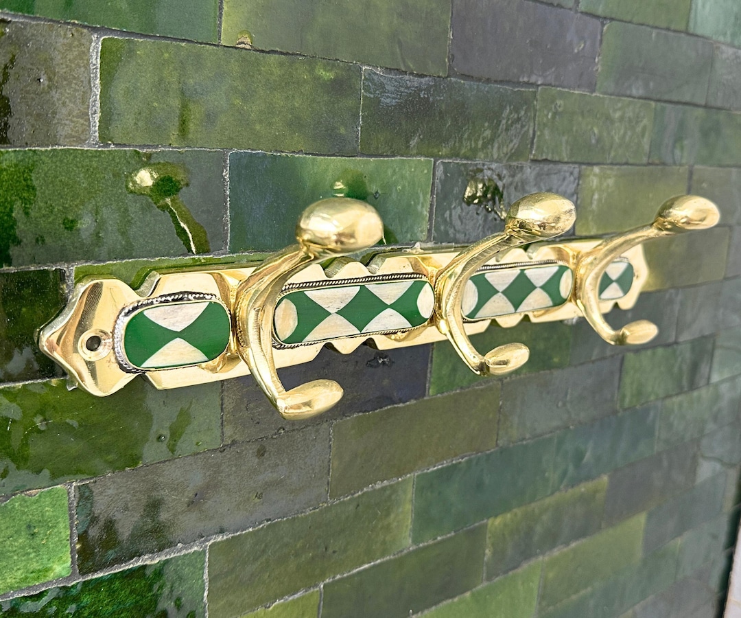 Brass Wall Hooks With Bone & Green Resin Inlay – Solid Brass Coat Hooks ...