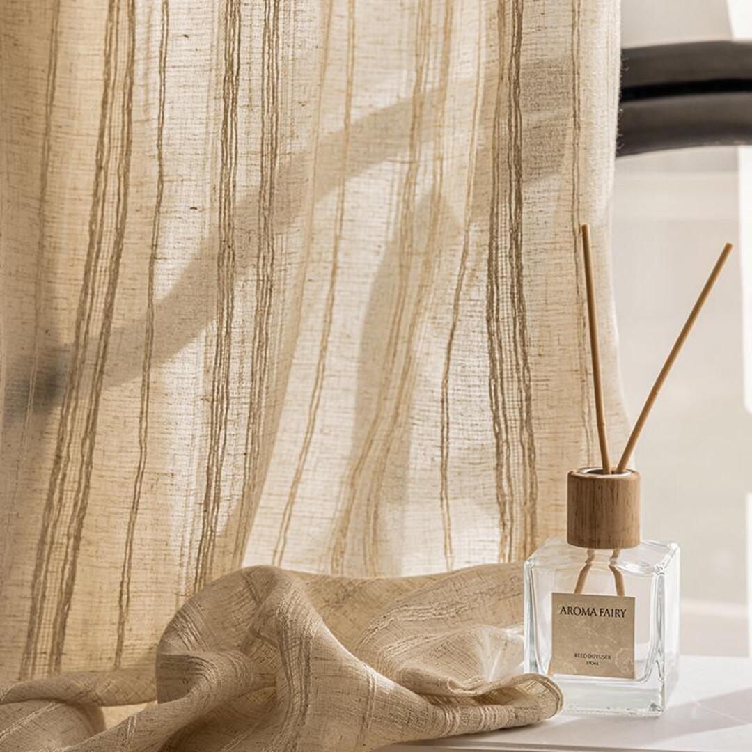 Custom Curtains Stripe Linen Look Net Sheer Voile Curtain for Airbnb ...