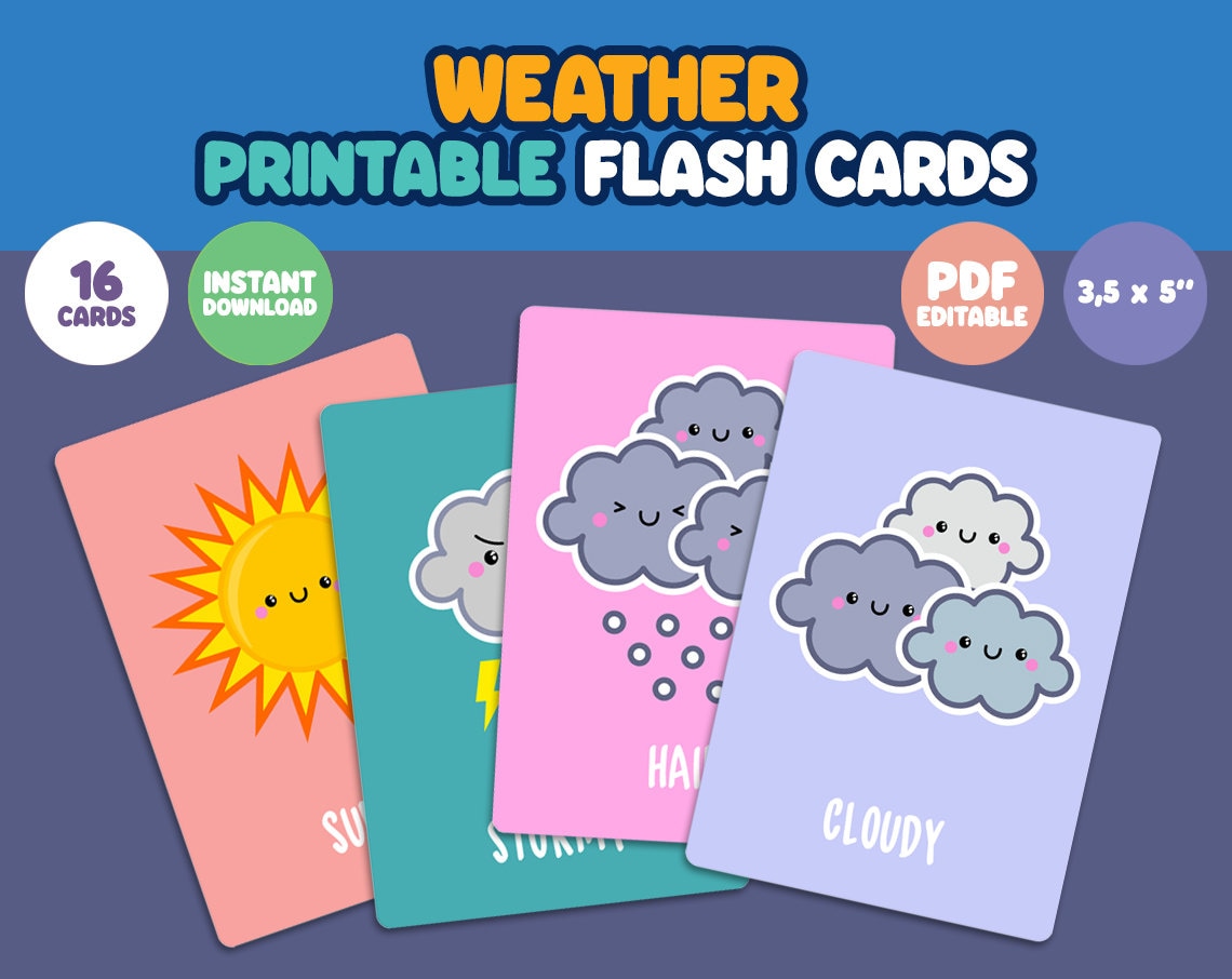 Weather Flashcards for Kids Digital and Text Editable Montessori Cards ...