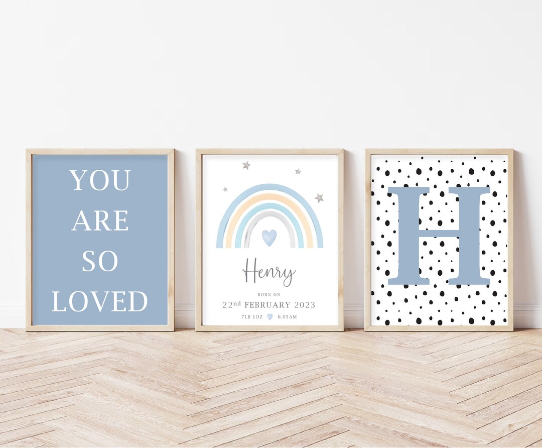Set of 3 Boys Blue Personalised Nursery Prints Monogram - Etsy
