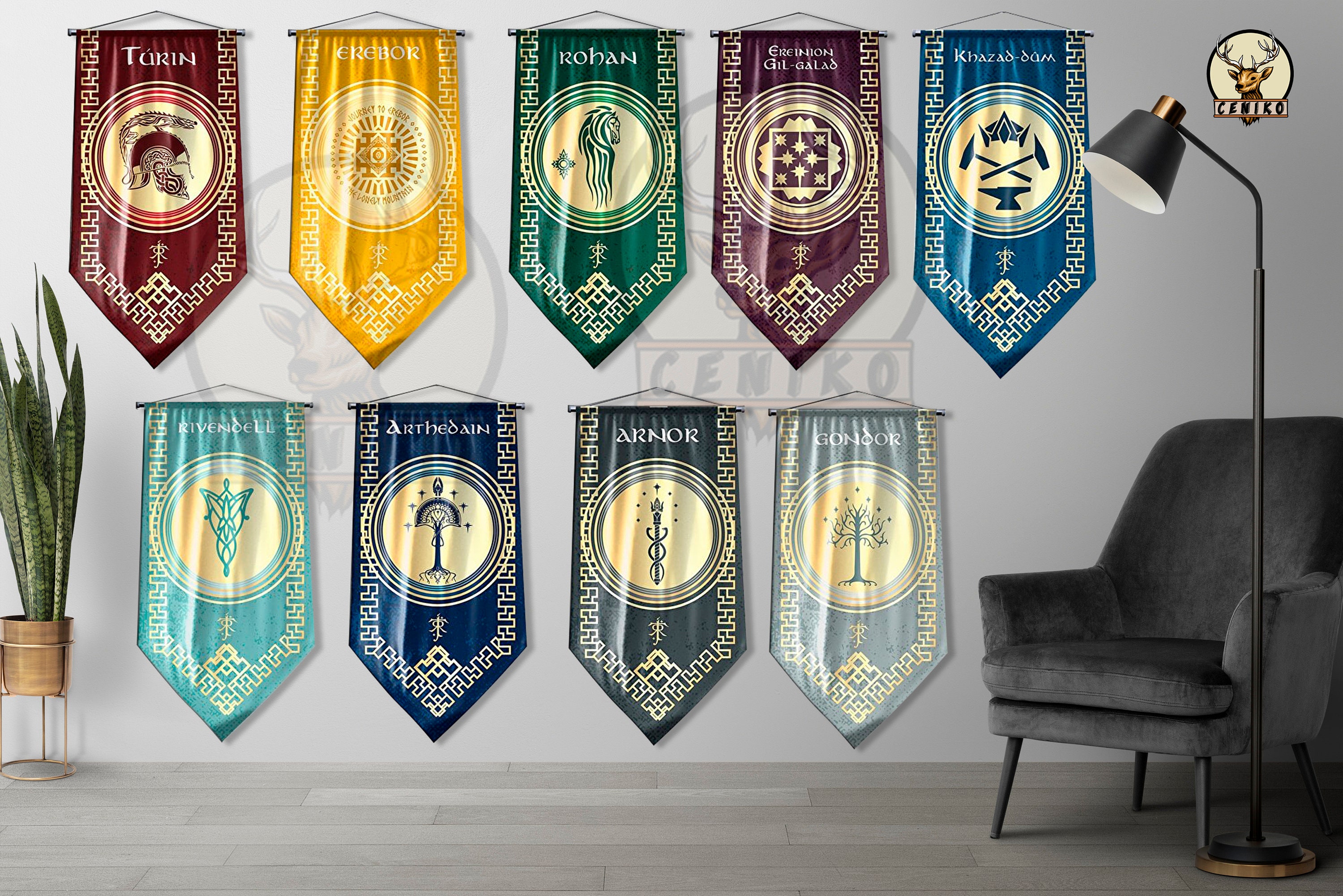 Lord of the Rings Kingdoms of the Rings of Power 9pcs Pennant Flag Set ...