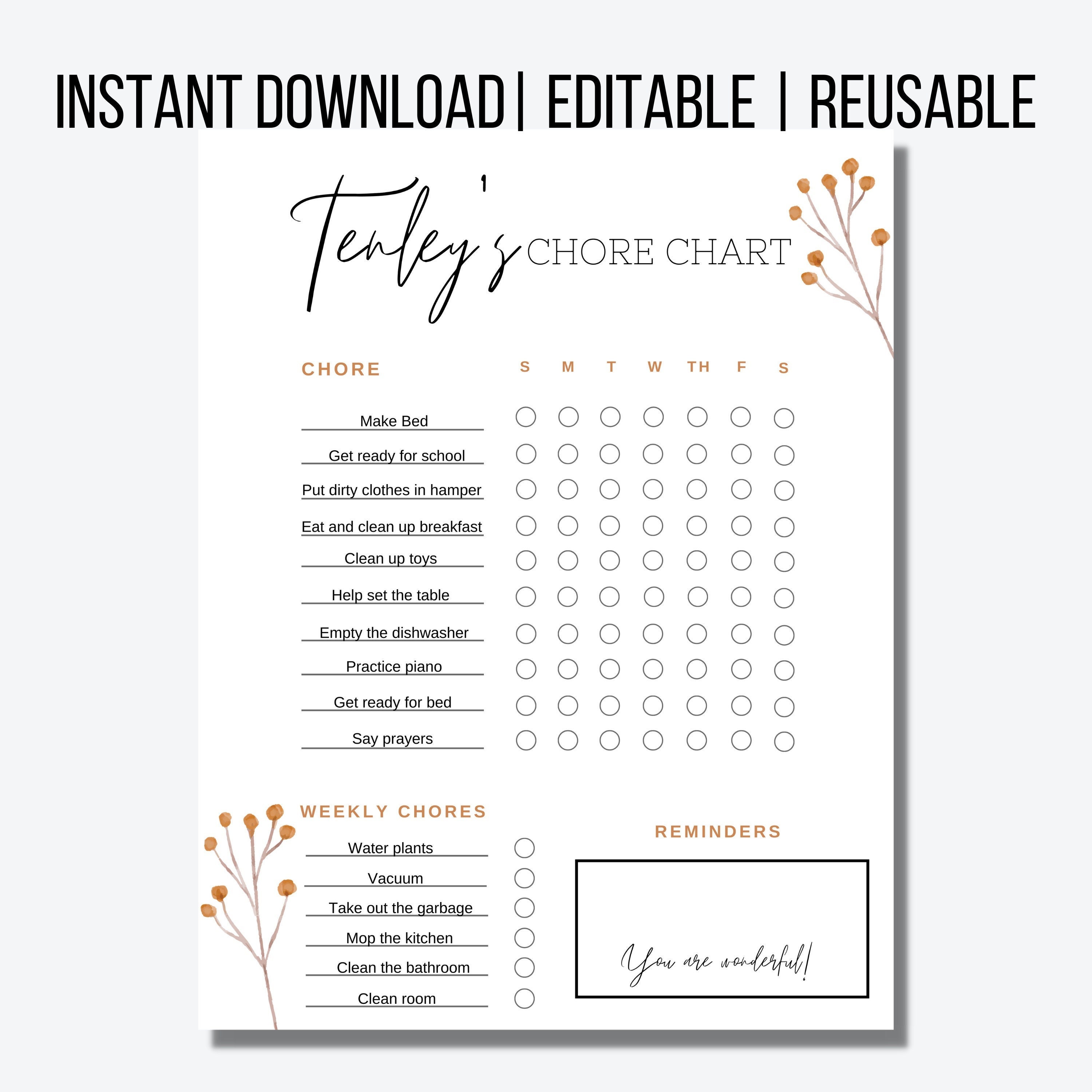 Chore Chart Kids Instant Download Editable Responsibility Chart ...