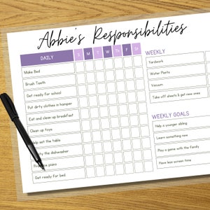 Chore Chart Kids Instant Download Editable Responsibility Chart ...