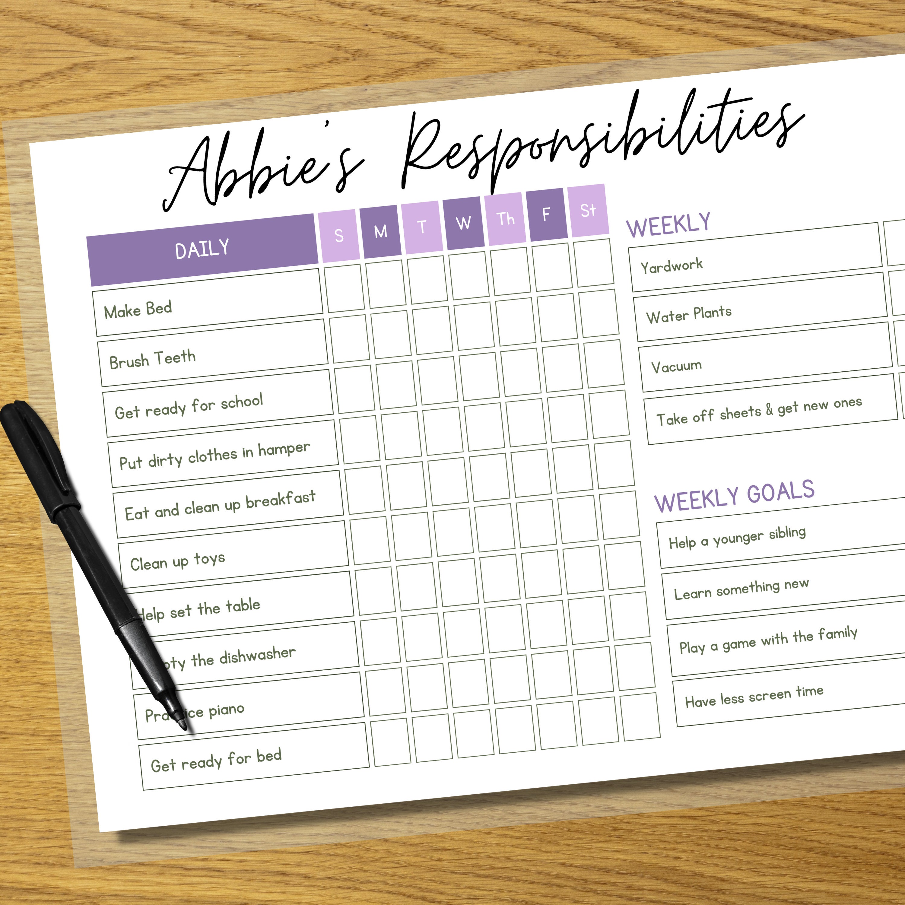 Chore Chart Kids Instant Download Editable Responsibility Chart ...