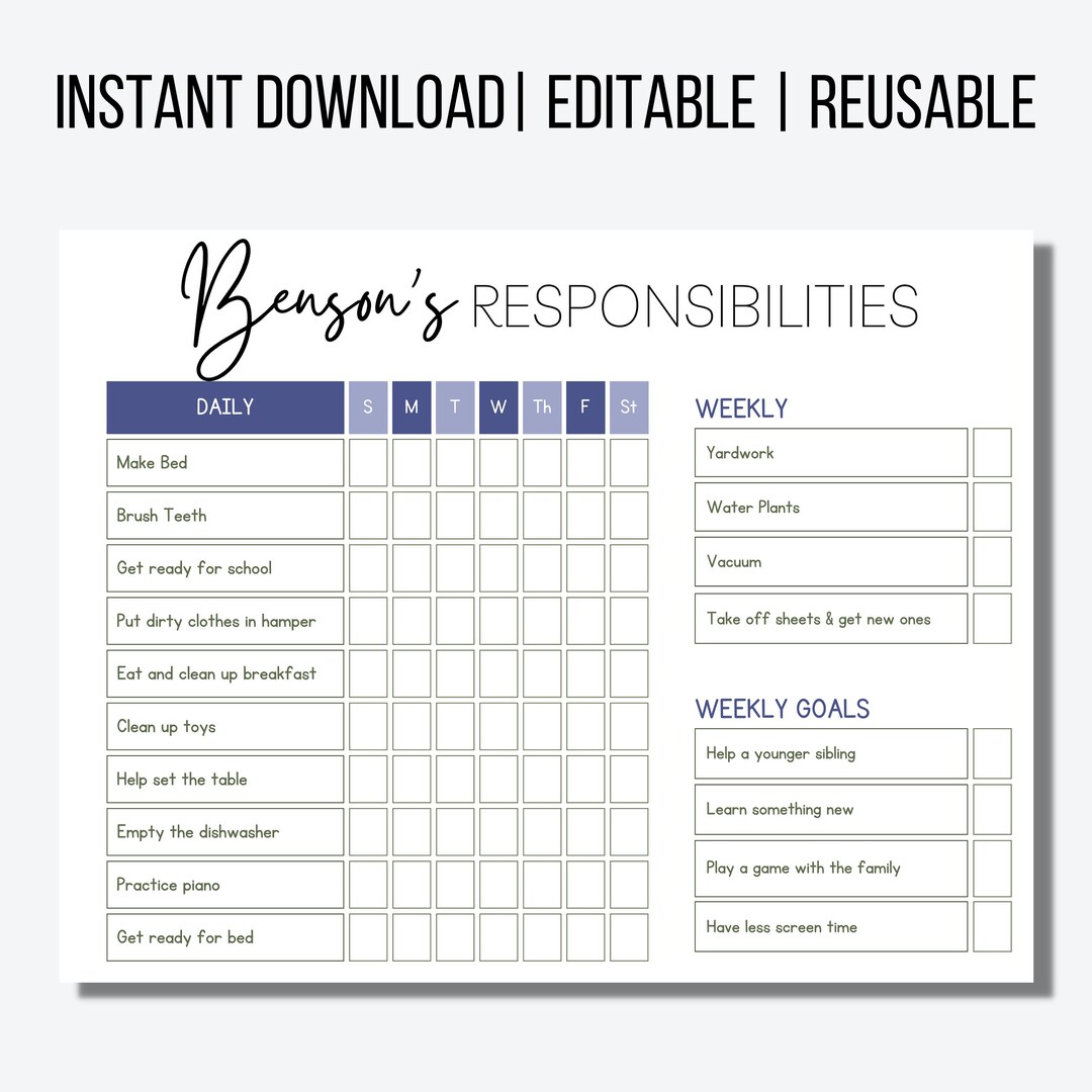 Chore Chart Kids Instant Download Editable Responsibility Chart ...