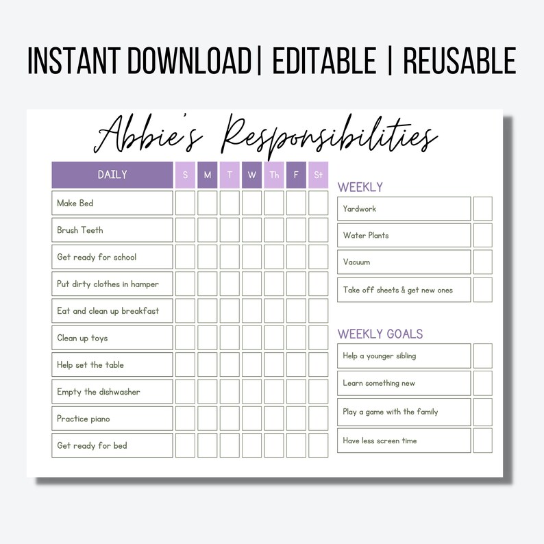 Chore Chart Kids Instant Download Editable Responsibility Chart Printable - Etsy