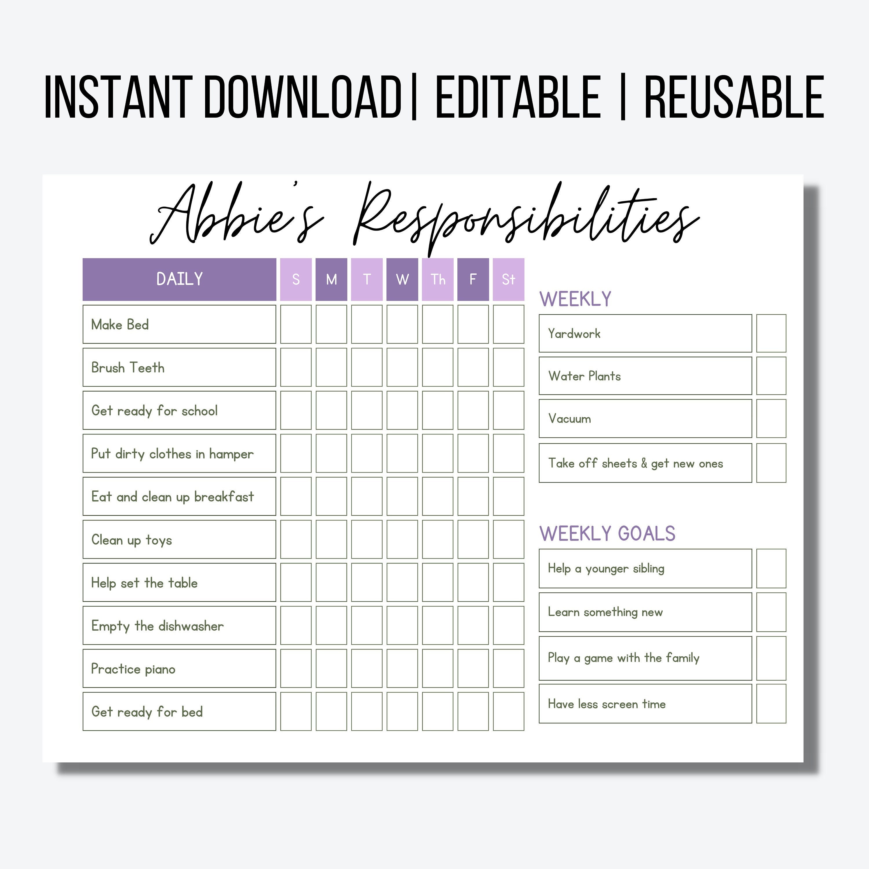 Chore Chart Kids Instant Download Editable Responsibility Chart ...