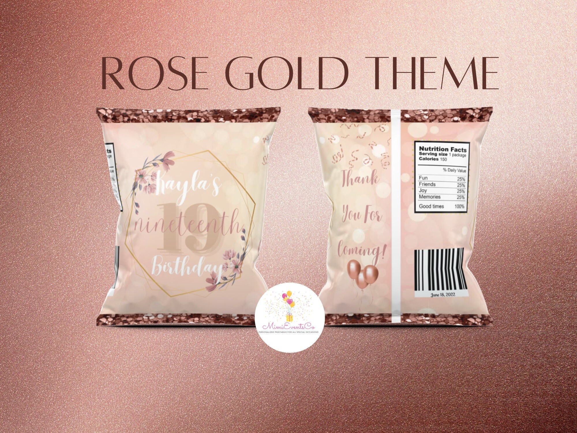 Custom Rose Gold Chip Bag Party Favor Personalized Chip Bag Digital ...