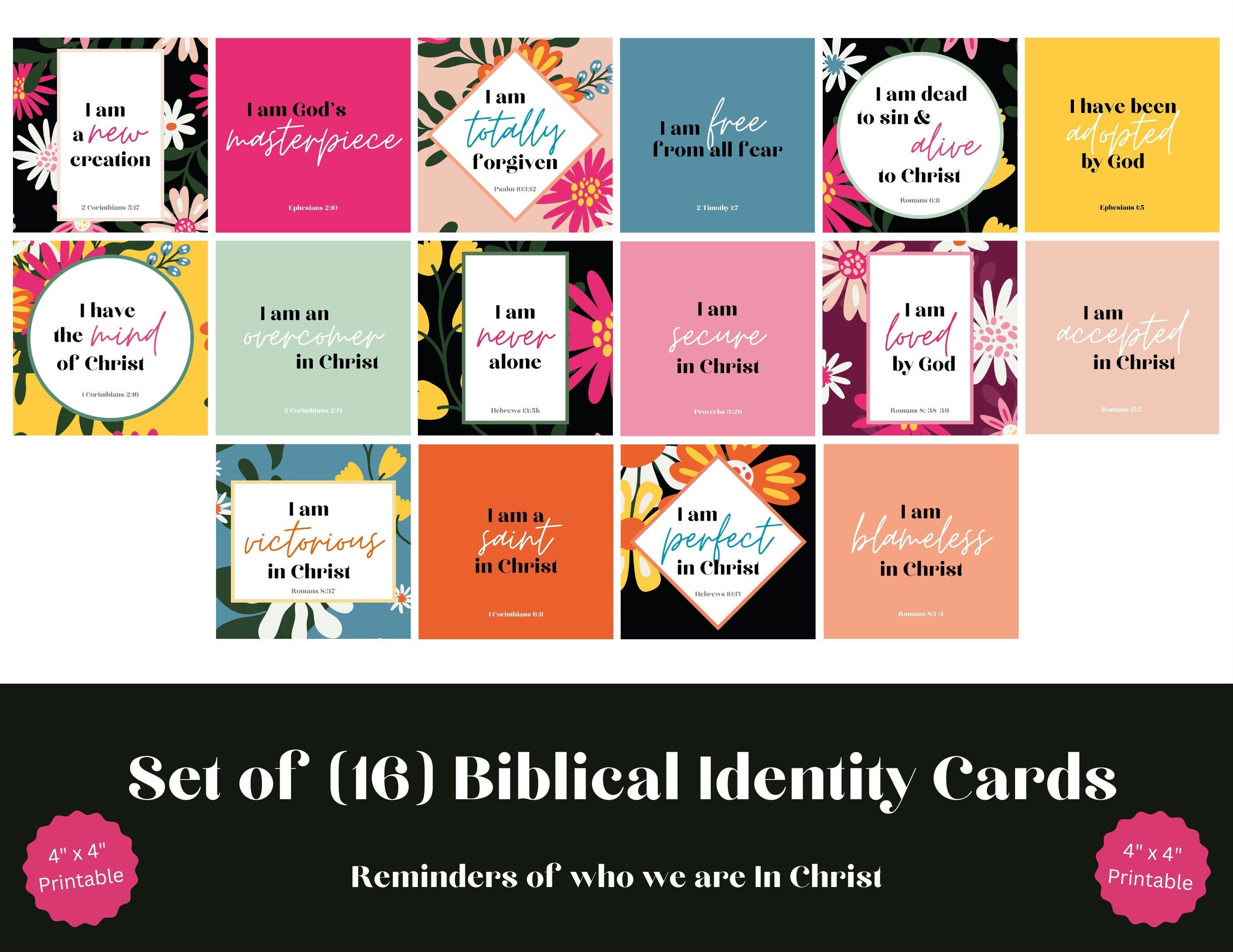 16 Identity in Christ Scripture Cards With Colorful Floral Patterns ...