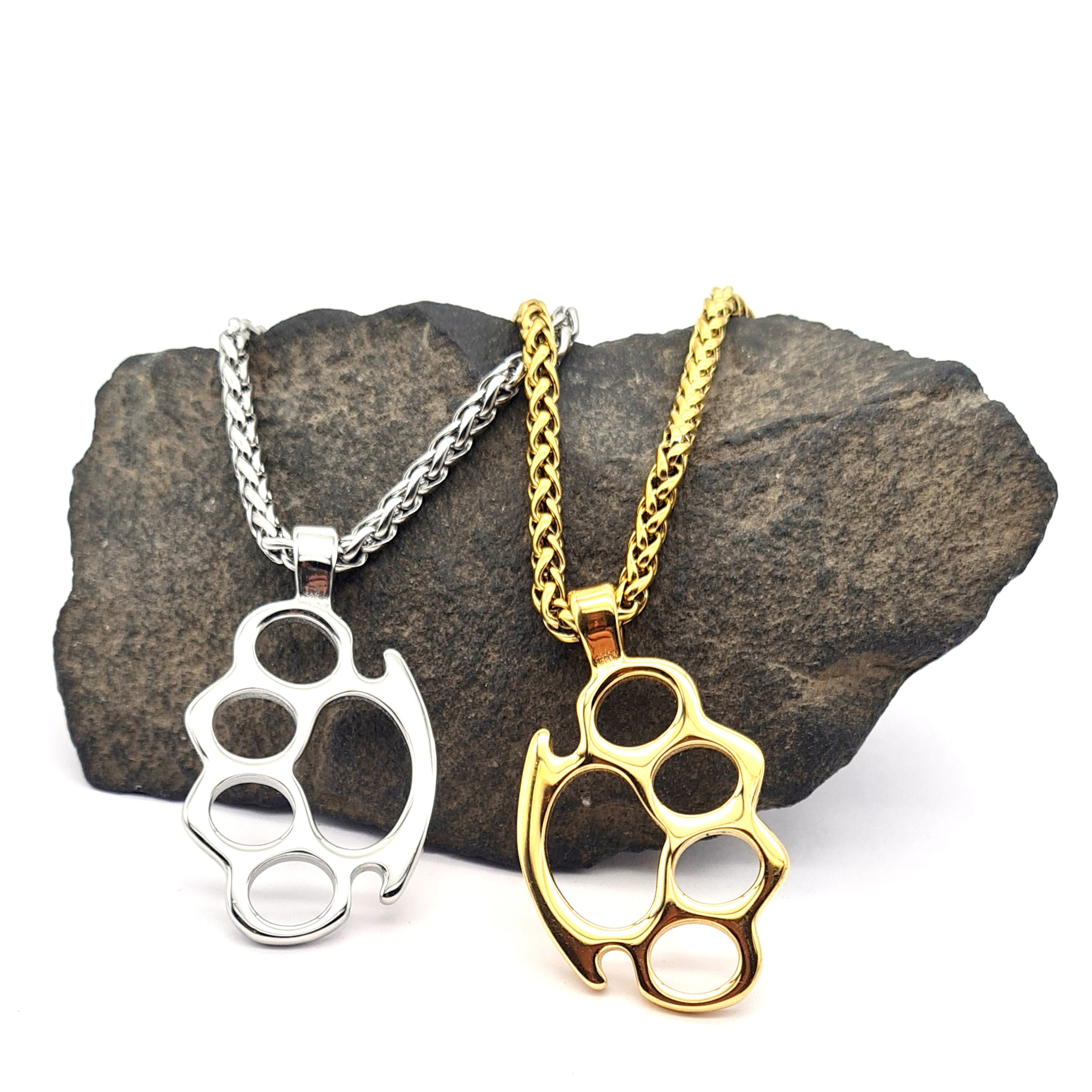 Stainless Steel Brass Knuckles Pendant With Chain, Cable Chain Women's ...