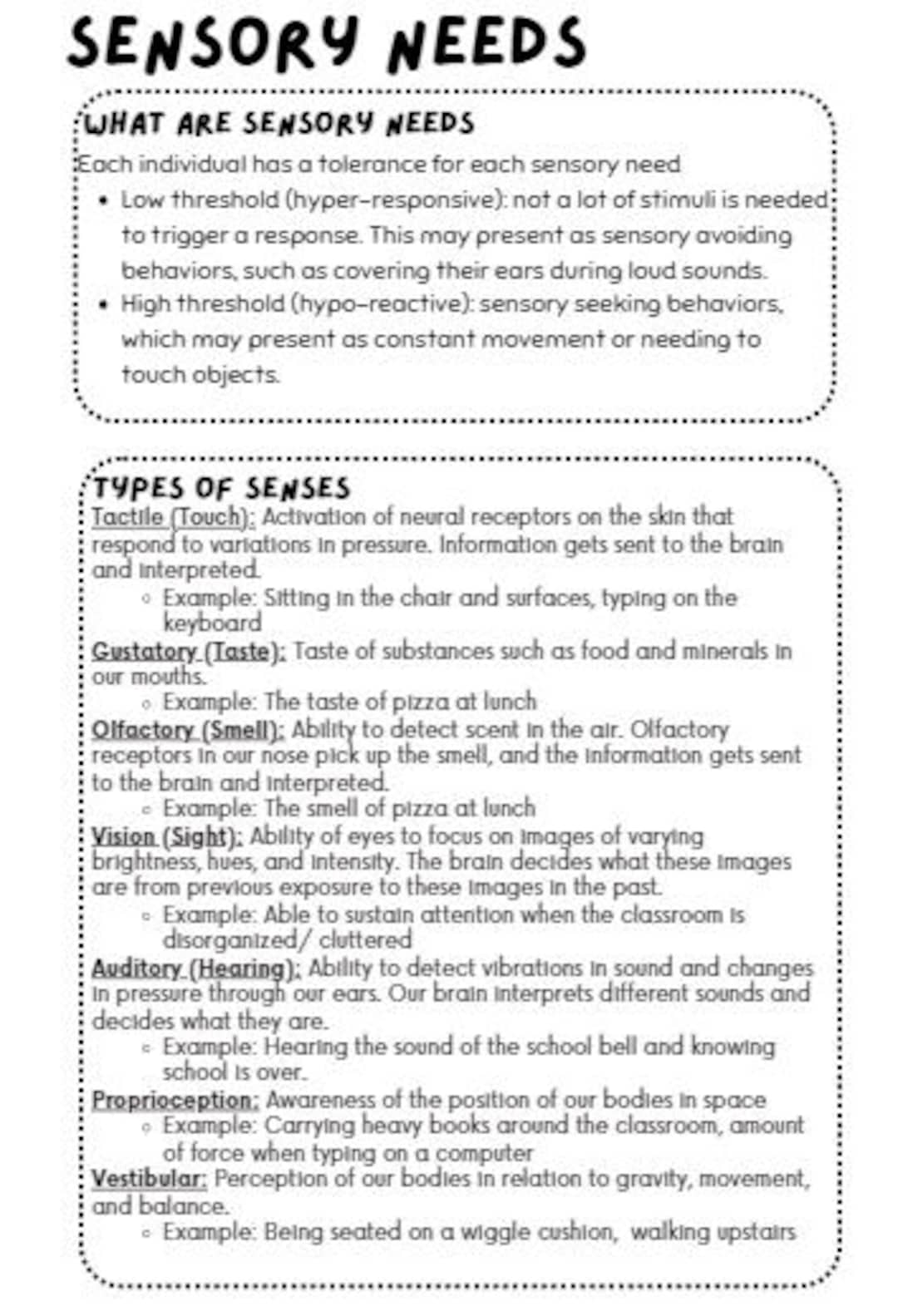 Sensory and Reflex Handouts - Etsy