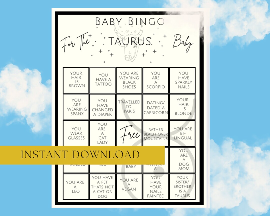 Taurus Printable Baby Shower Bingo, Zodiac Theme, Horoscope Games ...
