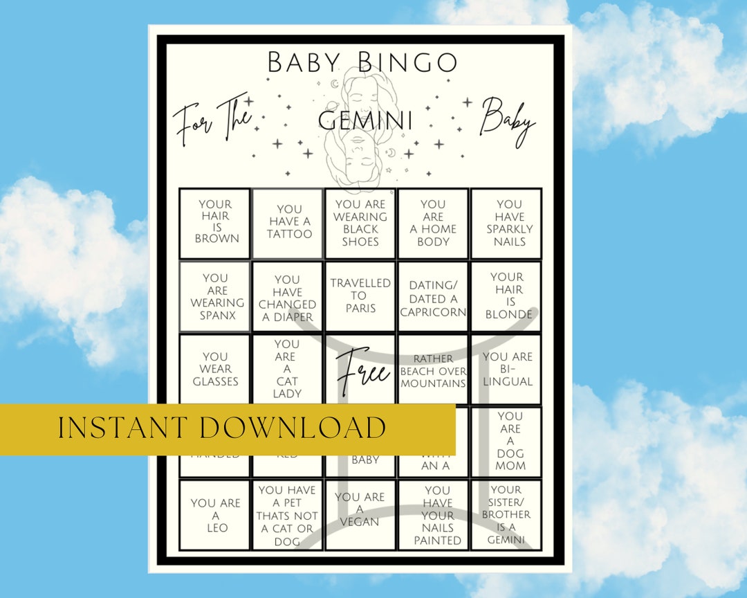 Gemini Printable Baby Shower Bingo, Zodiac Theme, Horoscope Games ...