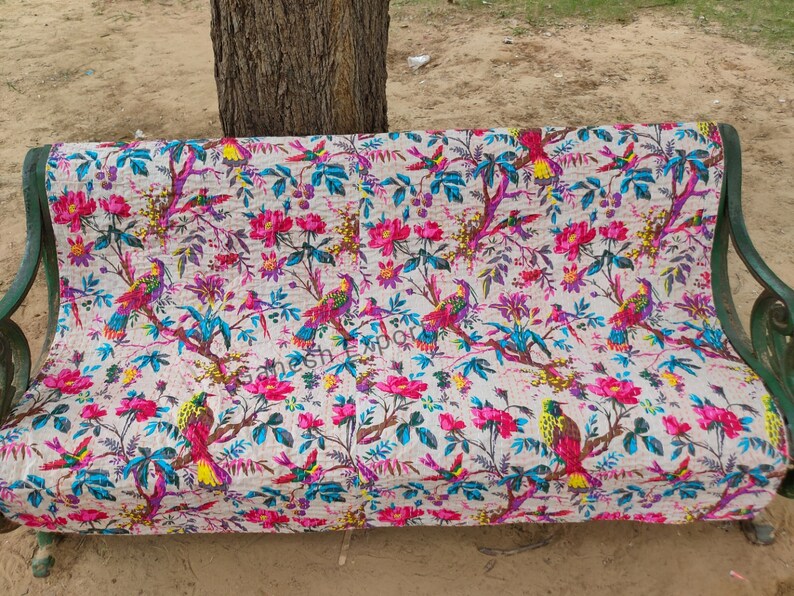 Bird Print Kantha Quilt, Handmade Indian Cotton Throw, Bohemian Bedding ...