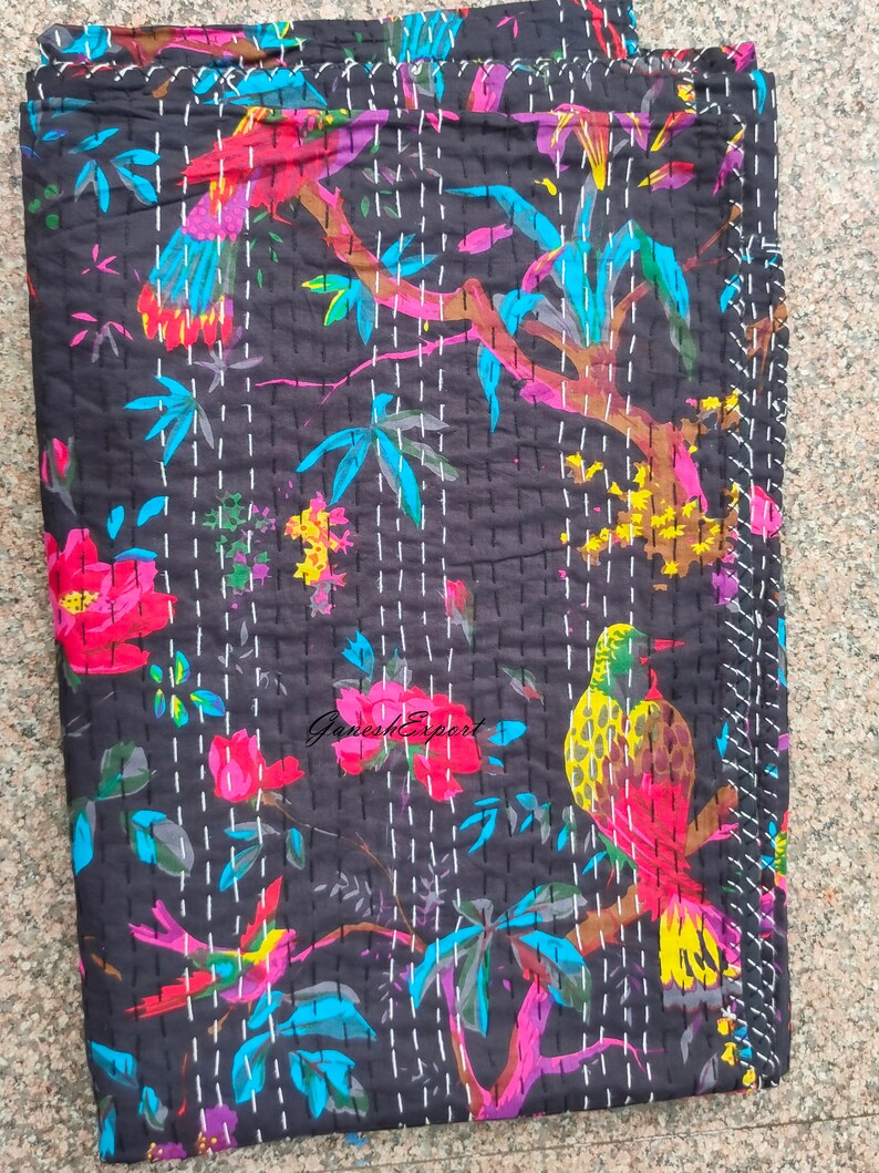 Handmade Bird Print Kantha Quilt: Reversible Indian Cotton Throw - Etsy