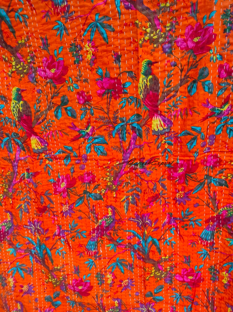 Handmade Bird Print Kantha Quilt: Reversible Indian Cotton Throw - Etsy UK