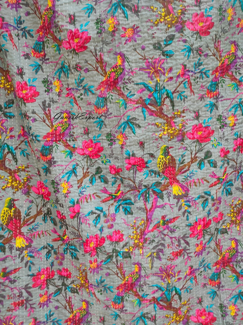 Handmade Bird Print Kantha Quilt: Reversible Indian Cotton Throw - Etsy