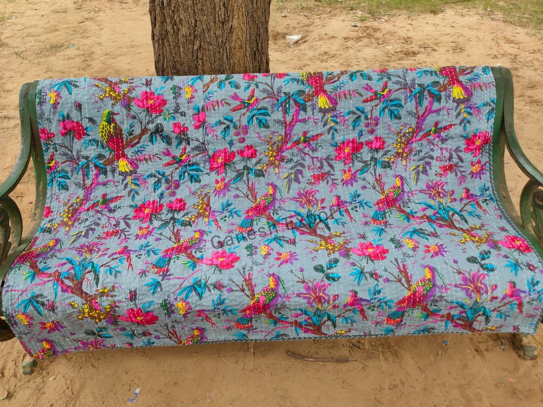 Bird Print Kantha Quilt, Handmade Indian Cotton Throw, Bohemian Bedding ...