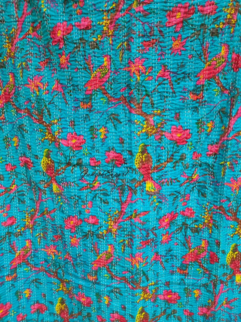 Handmade Bird Print Kantha Quilt: Reversible Indian Cotton Throw - Etsy