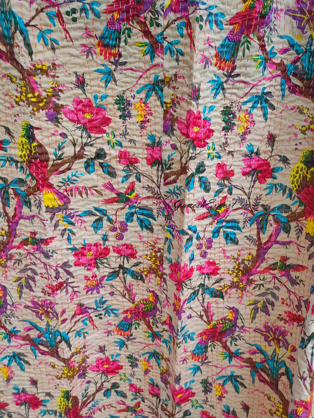 Handmade Bird Print Kantha Quilt: Reversible Indian Cotton Throw - Etsy