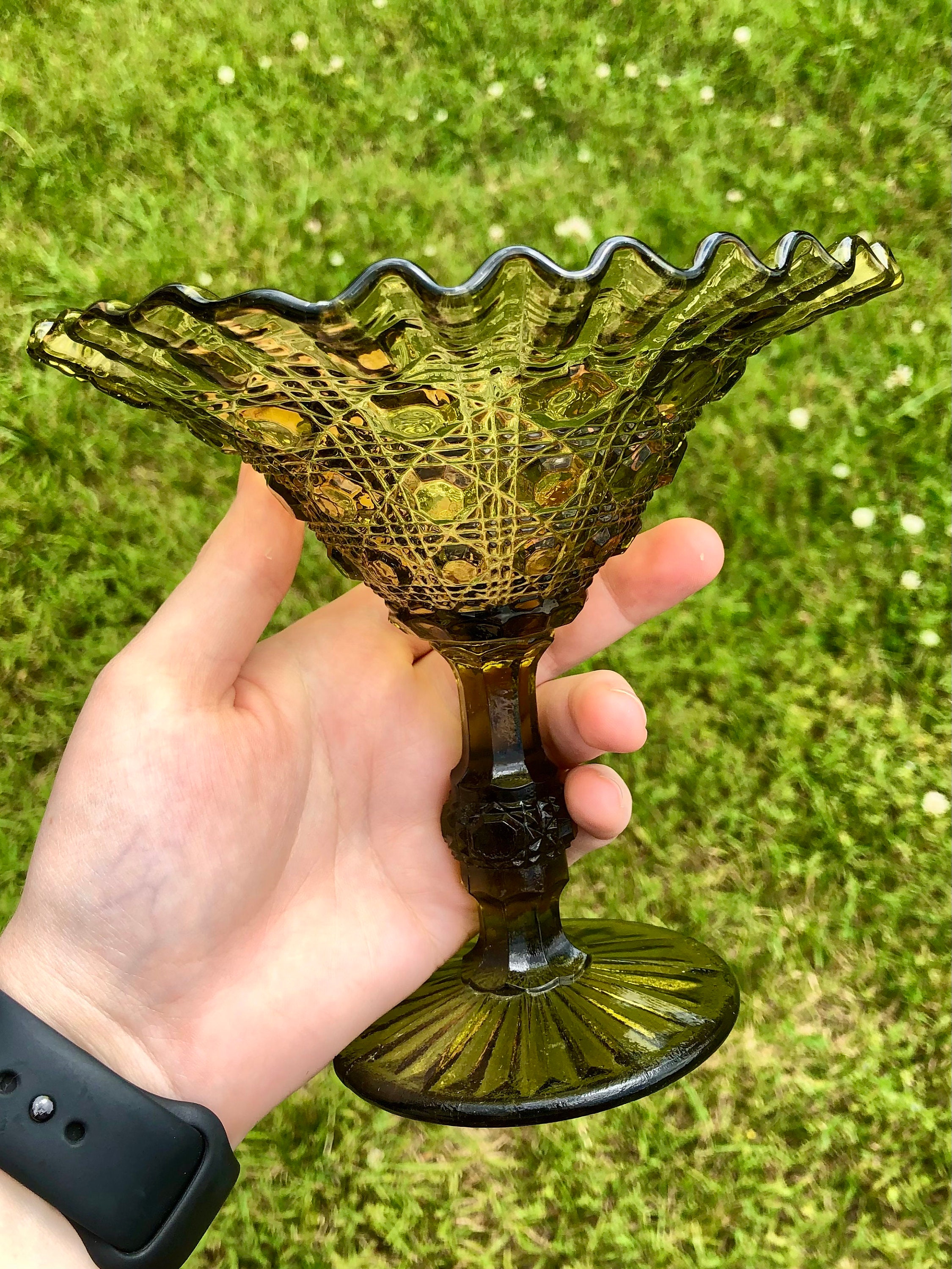 Avocado Green Fenton Button Glass Pedestal Candy Dish or Compote - Etsy