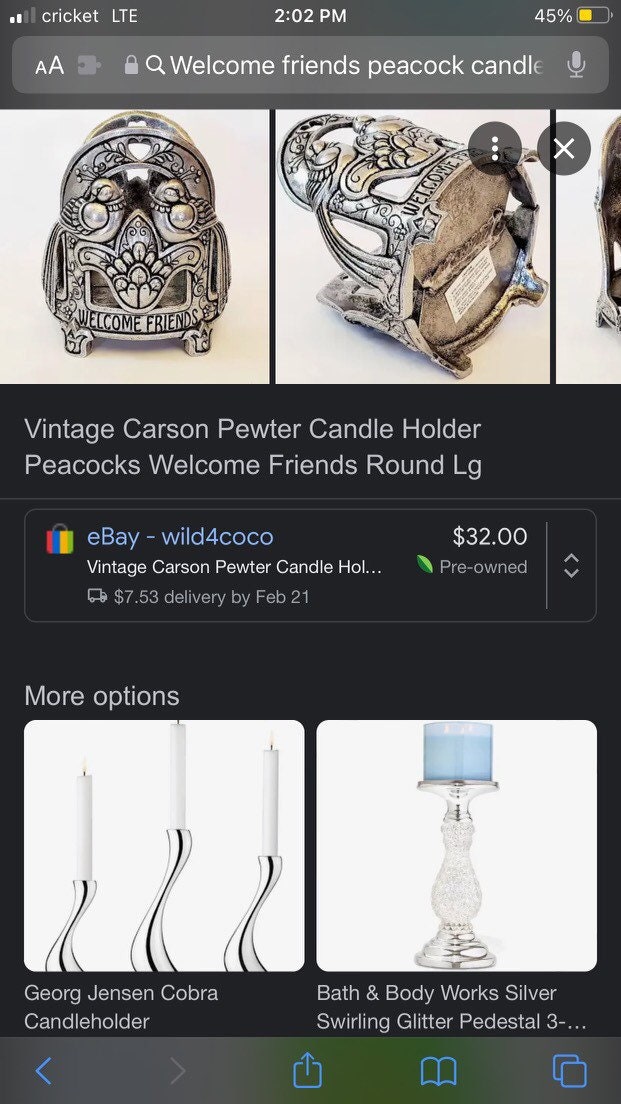 Vintage Carson Pewter Candle Holder With Peacocks and the Words Welcome ...